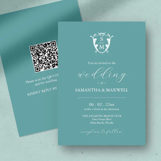 Blue Wedding Invitation with QR Code | Zazzle