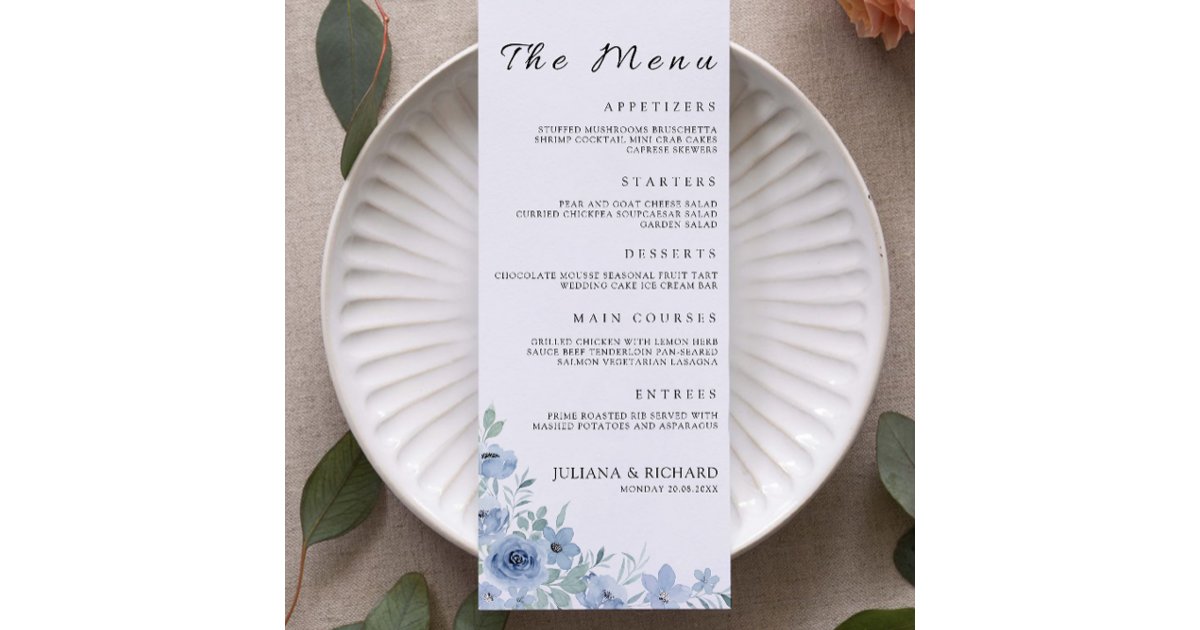 Blue Wedding Menu Cards Template | Zazzle