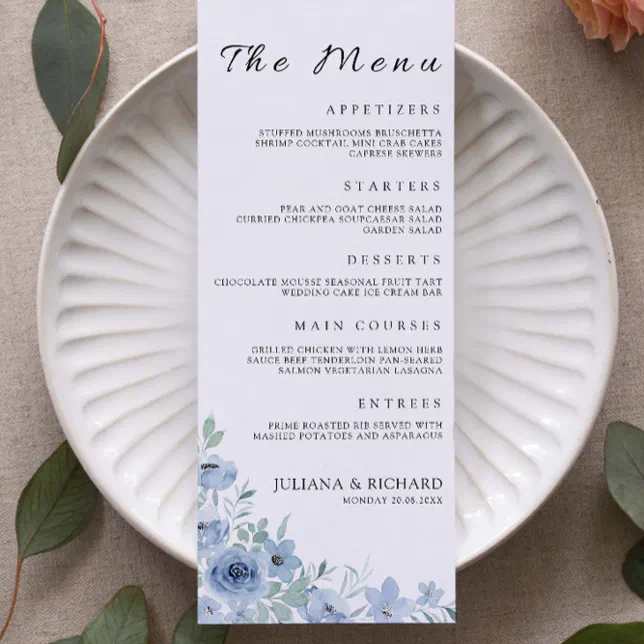 Blue Wedding Menu Cards Template | Zazzle