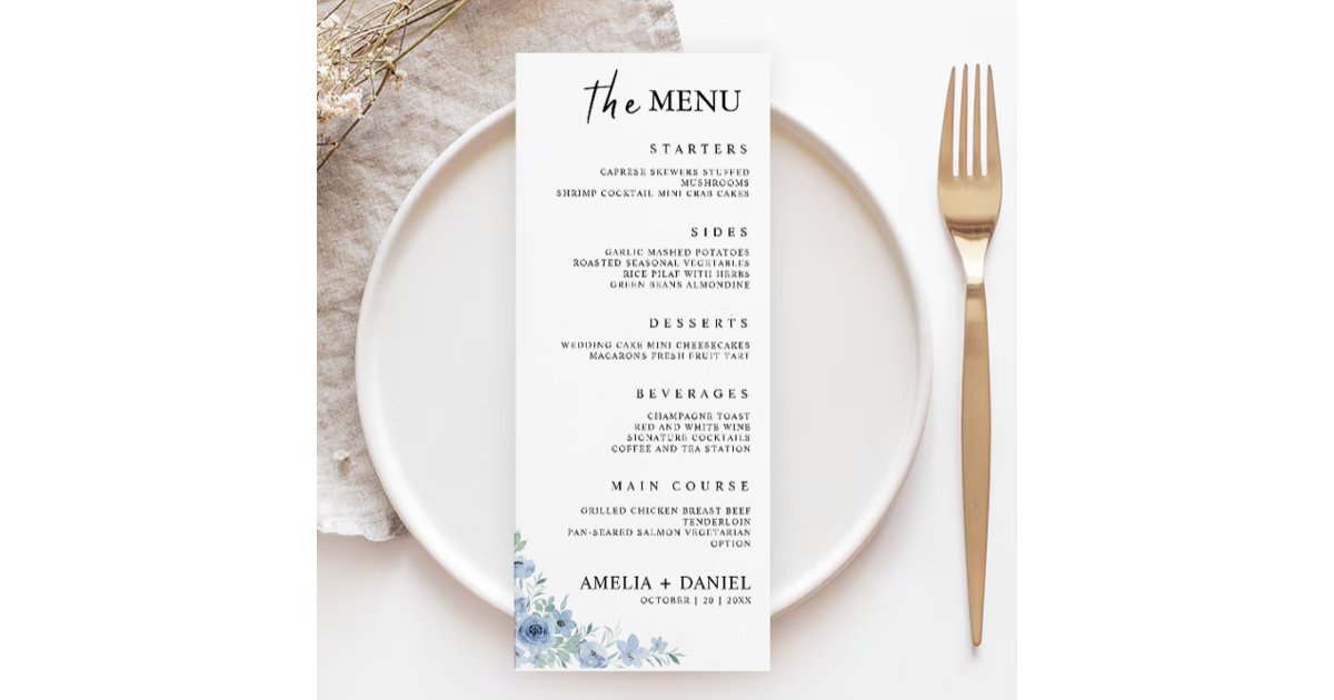 Blue Wedding Menu Cards Template | Zazzle