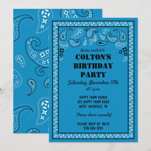 Blue Western Bandana Print Birthday Party Invitation | Zazzle