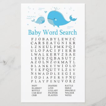 Blue Whale Baby Shower Word Search Game | Zazzle