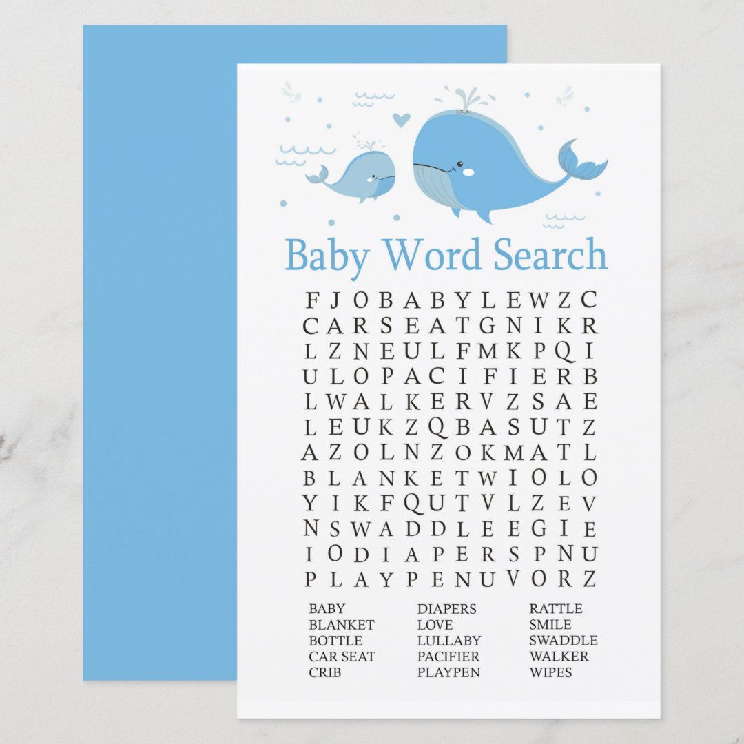 Blue Whale Baby Shower Word Search Game | Zazzle