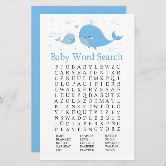 Blue Whale Baby Shower Word Search Game | Zazzle
