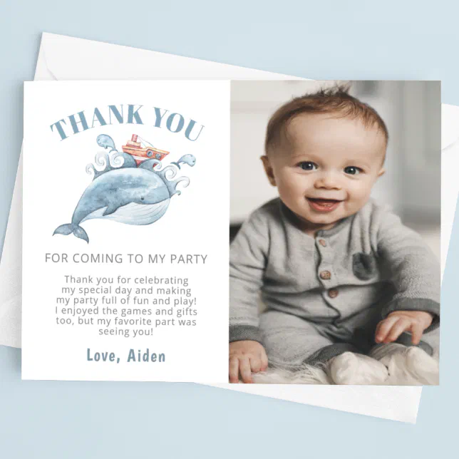 Blue Whale Boy Birthday Photo Thank You Card | Zazzle