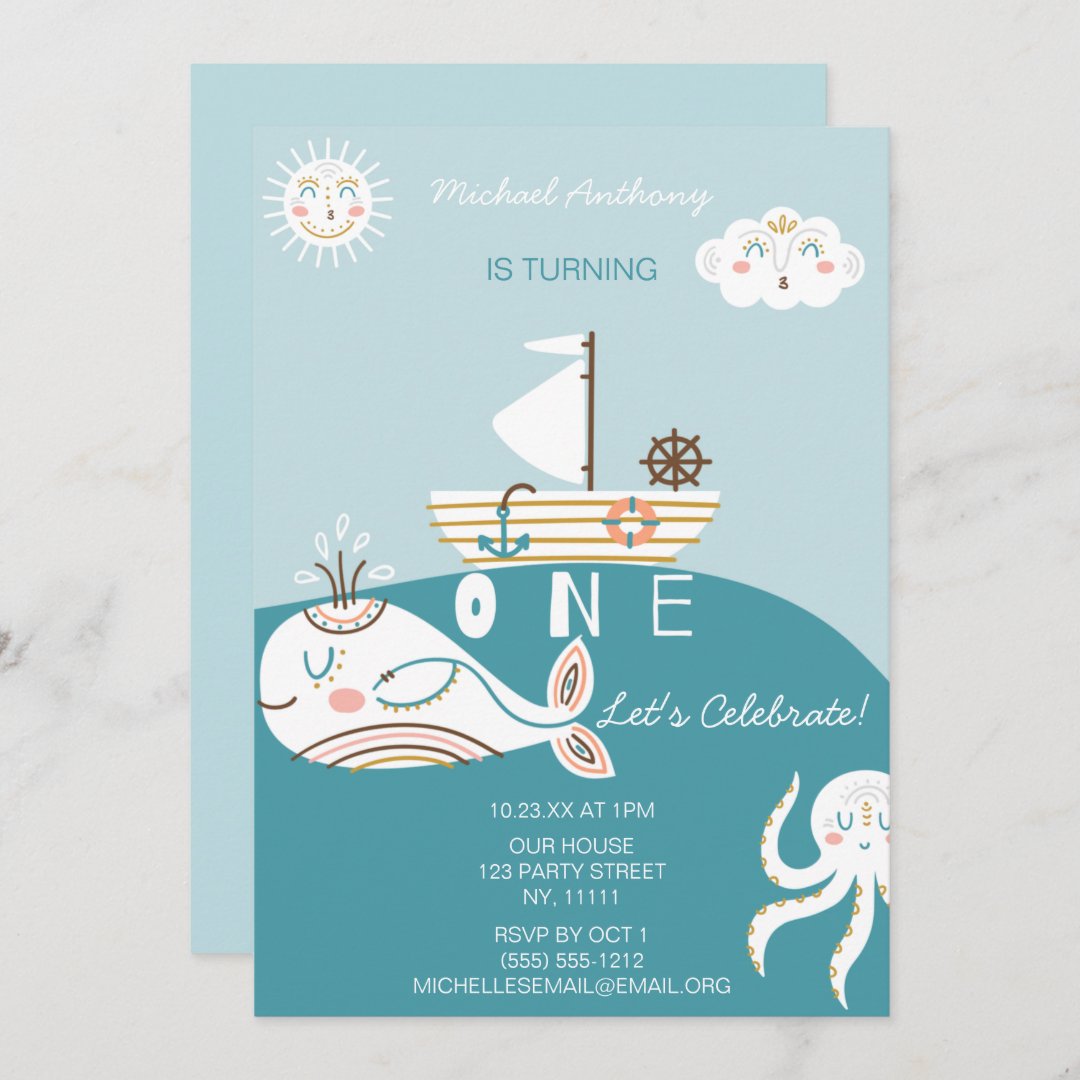 Blue Whale First Birthday Invitation | Zazzle
