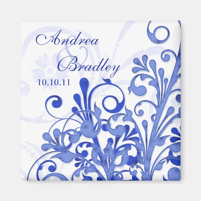 Blue & White Abstract Floral Wedding Magnet | Zazzle