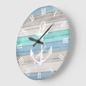 Blue & White Beach Wood Nautical Stripes & Anchor Large Clock | Zazzle