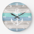 Blue & White Beach Wood Nautical Stripes & Anchor Large Clock | Zazzle