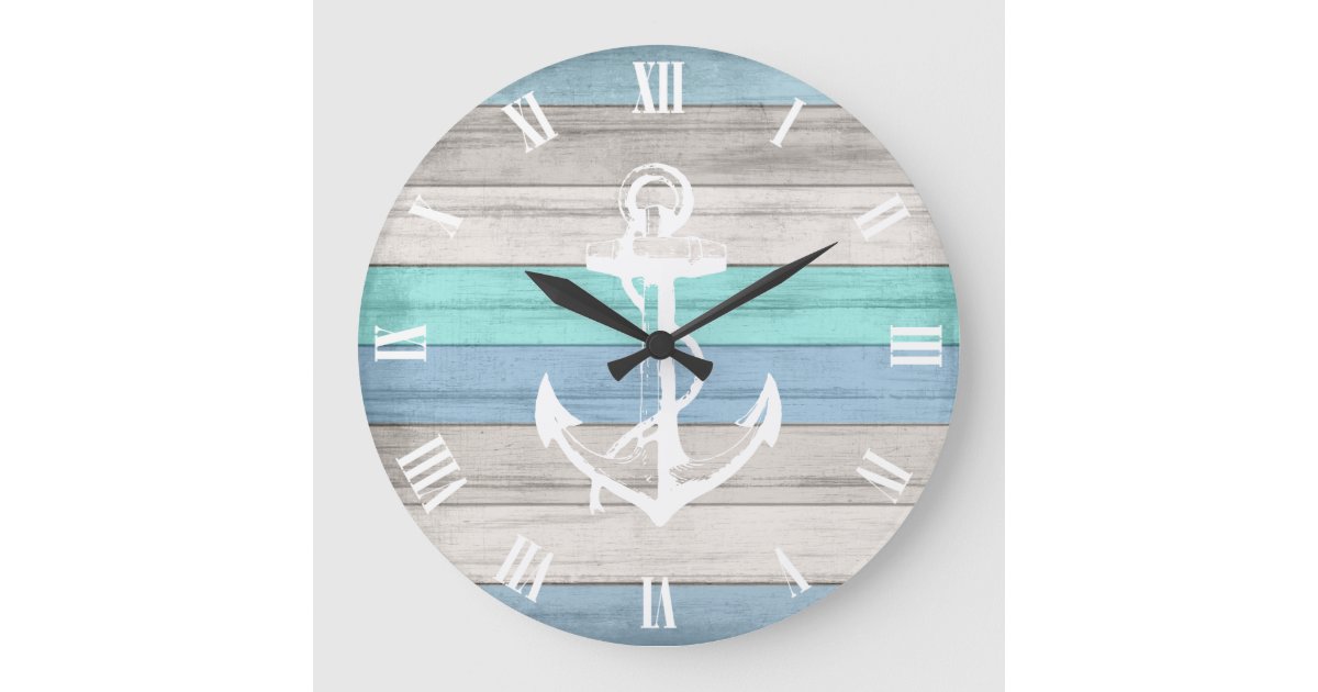 Blue & White Beach Wood Nautical Stripes & Anchor Large Clock | Zazzle