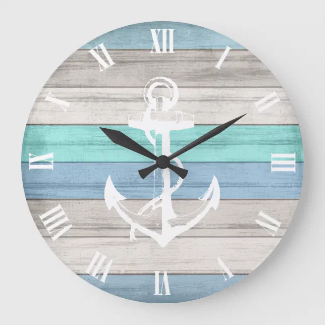 Blue & White Beach Wood Nautical Stripes & Anchor Large Clock | Zazzle