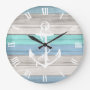 Blue & White Beach Wood Nautical Stripes & Anchor Large Clock | Zazzle