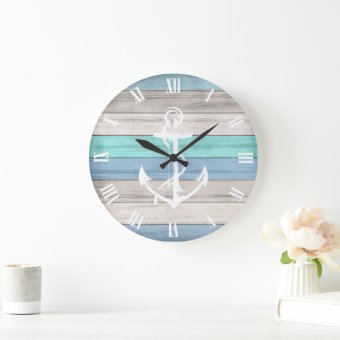 Blue & White Beach Wood Nautical Stripes & Anchor Large Clock | Zazzle