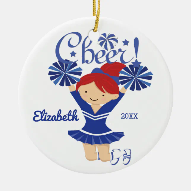Blue & White Cheer Red Hair Cheerleader Ornament | Zazzle