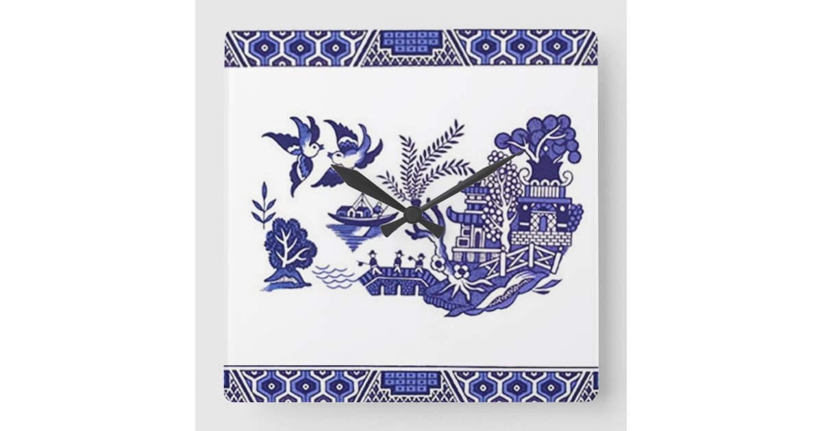 Blue & White China Blue Willow Design Square Wall Clock | Zazzle