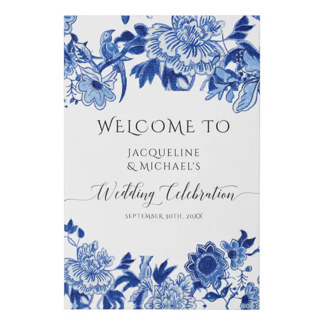Blue White Chinoiserie Bird Leaves Welcome Wedding Faux Canvas Print ...