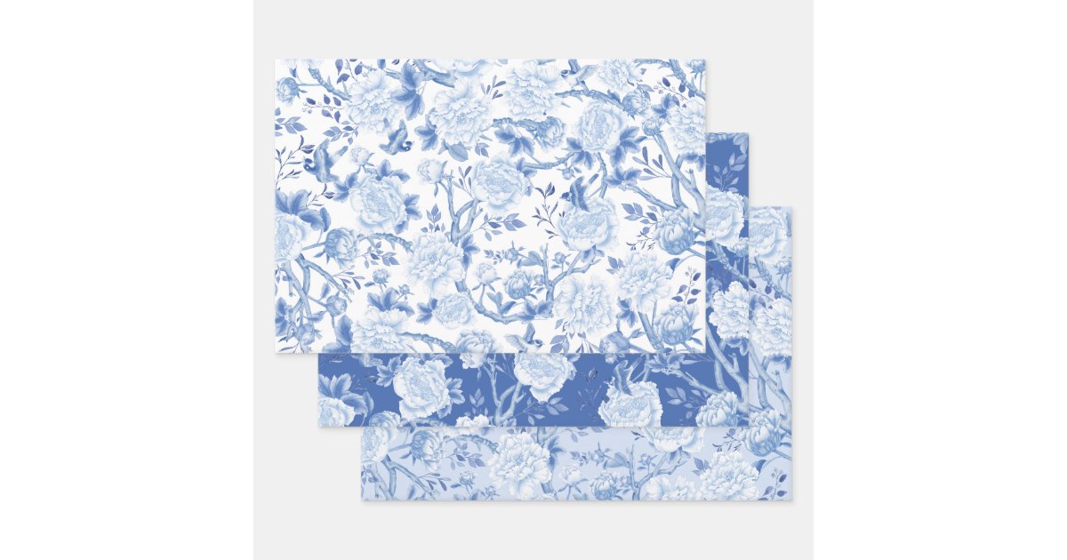 Blue White Chinoiserie Birds & Floral Porcelain Wrapping Paper Sheets ...