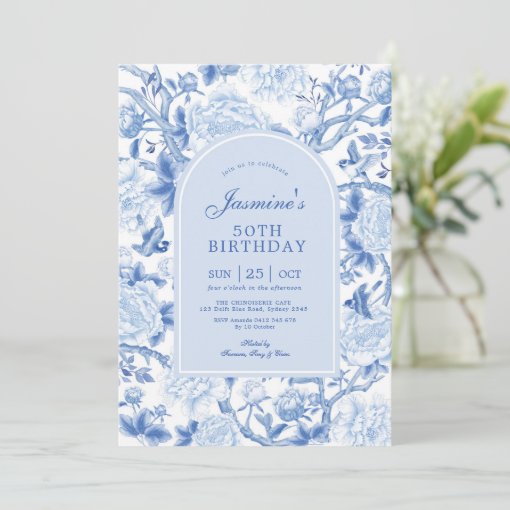 Blue White Chinoiserie Floral Garden 50th Birthday Invitation | Zazzle