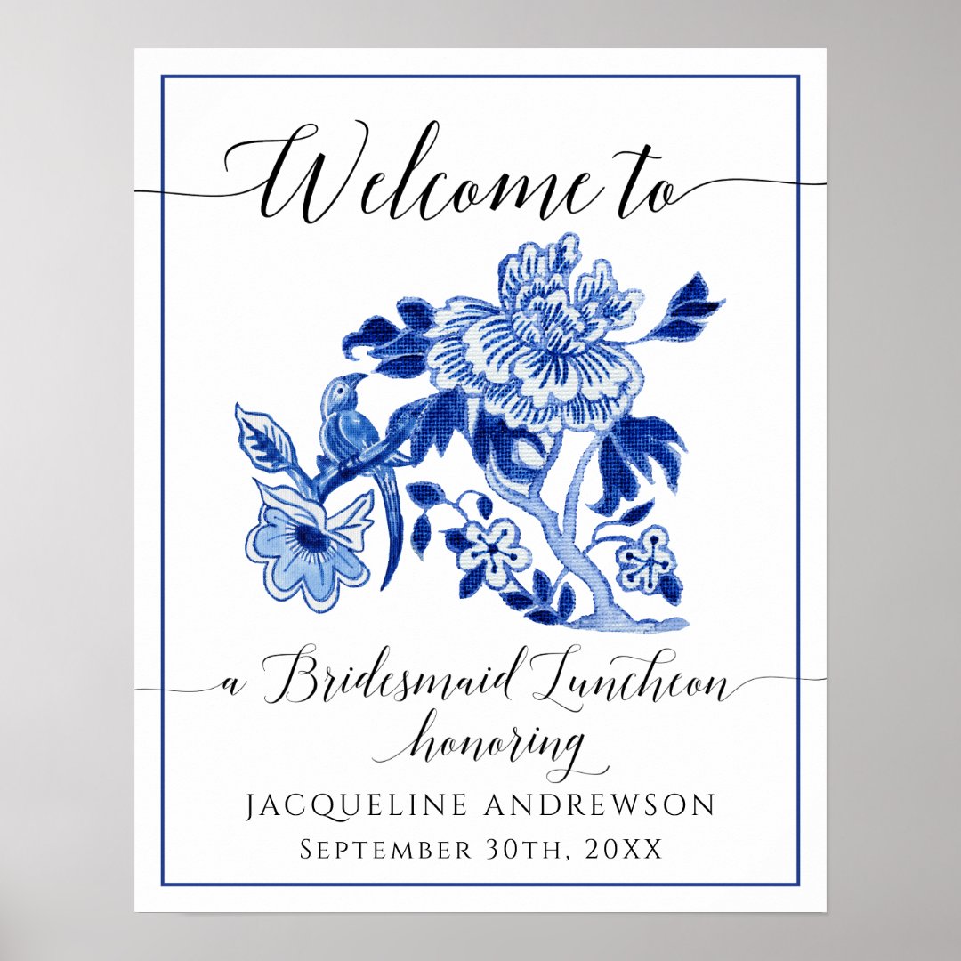 Blue White Chinoiserie Floral Welcome Luncheon Poster | Zazzle