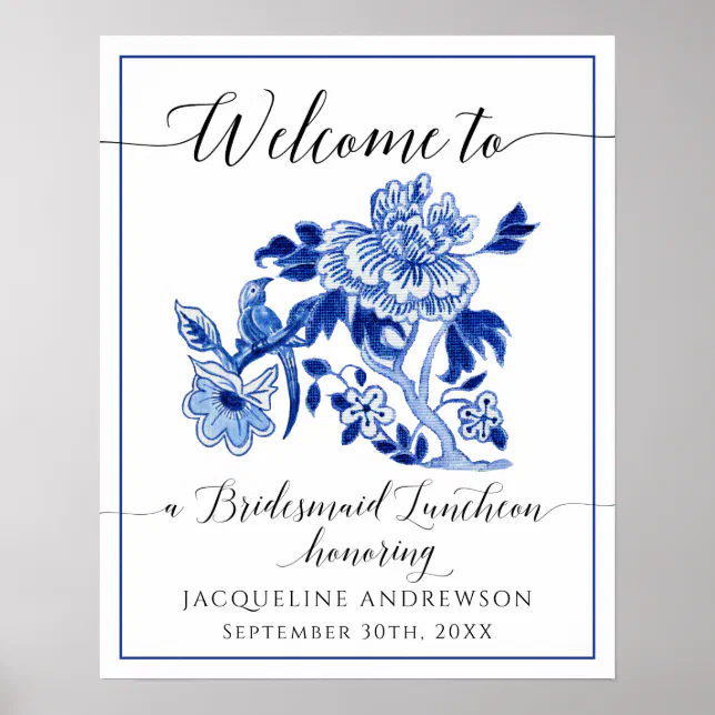 Blue White Chinoiserie Floral Welcome Luncheon Poster | Zazzle