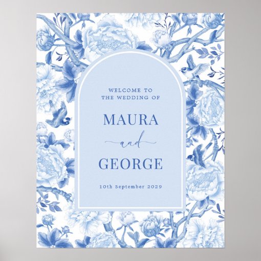 Blue White Chinoiserie Peony Bird Wedding Welcome Poster | Zazzle