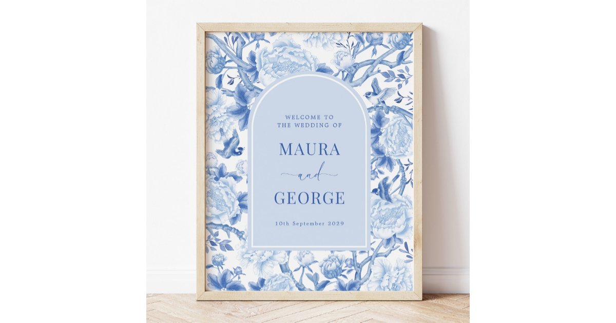 Blue White Chinoiserie Peony Bird Wedding Welcome Poster | Zazzle
