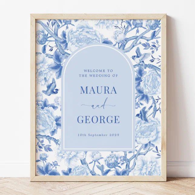 Blue White Chinoiserie Peony Bird Wedding Welcome Poster | Zazzle