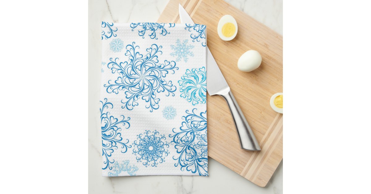 Blue white Christmas snowflake kitchen towel | Zazzle