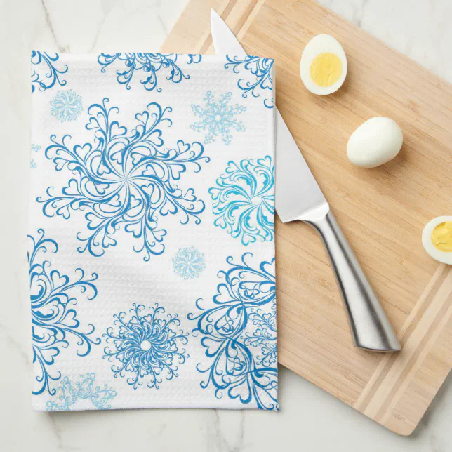 Blue white Christmas snowflake kitchen towel | Zazzle