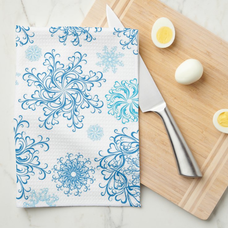 Blue white Christmas snowflake kitchen towel | Zazzle