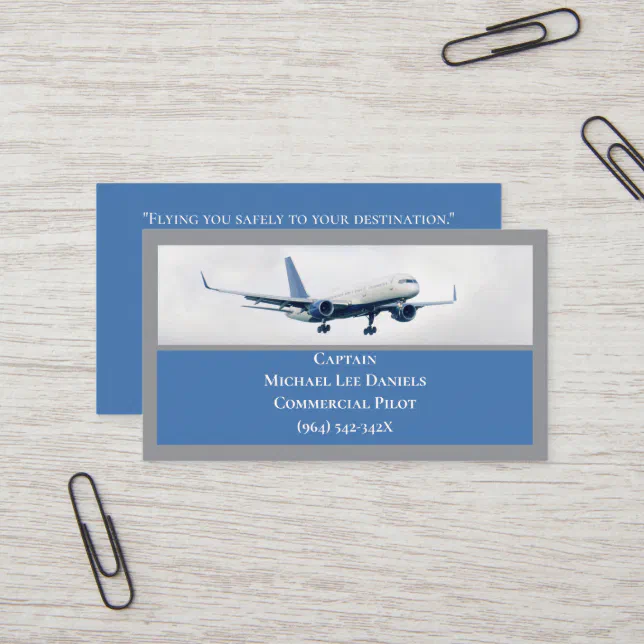 Blue White Commercial Airplane Captain Pilot Business Card | Zazzle