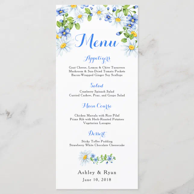 Blue White Country Daisy Floral Wedding Menu | Zazzle