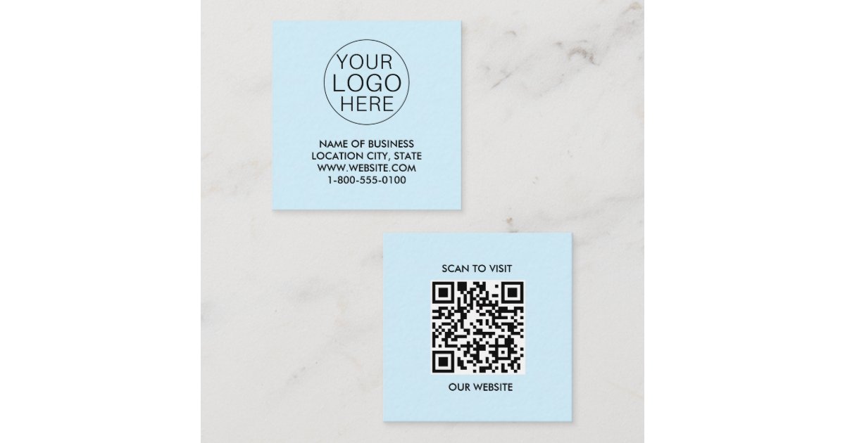Blue White Custom Logo and QR Code Square Business Card | Zazzle