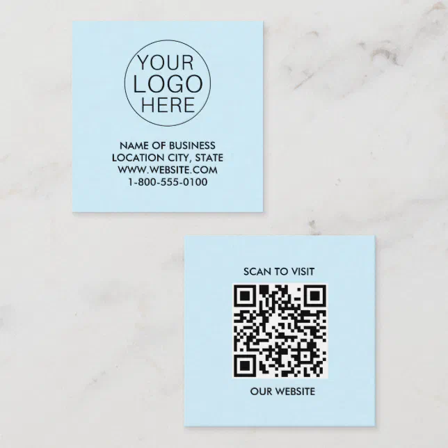 Blue White Custom Logo and QR Code Square Business Card | Zazzle