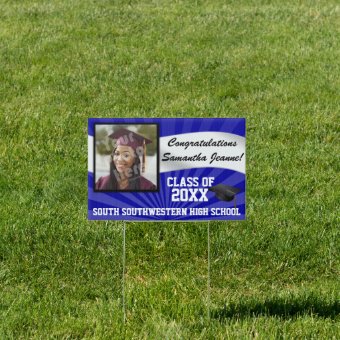 Blue/White Custom Photo Graduation Yard Sign | Zazzle