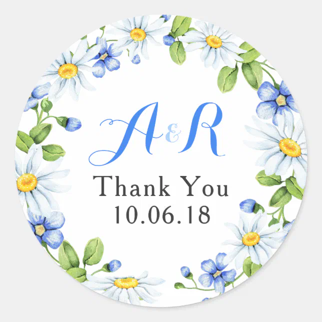 Blue White Daisy Floral Wedding Thank You Classic Round Sticker | Zazzle