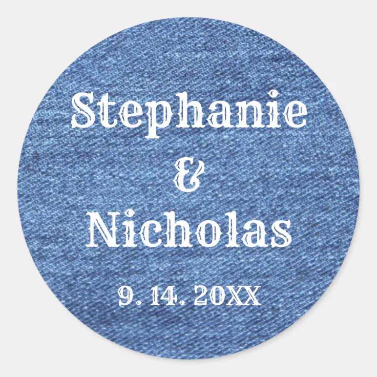 Blue White Denim Theme Wedding Classic Round Sticker | Zazzle