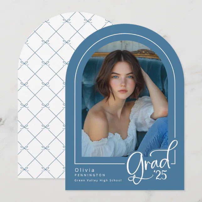Blue White Elegant Arch Photo 2025 Grad Invitation | Zazzle