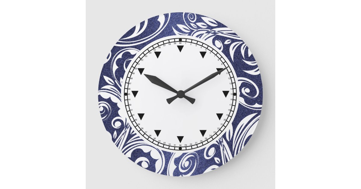 Blue white elegant florals large clock | Zazzle