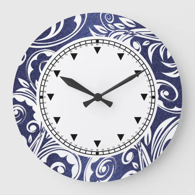 Blue white elegant florals large clock | Zazzle