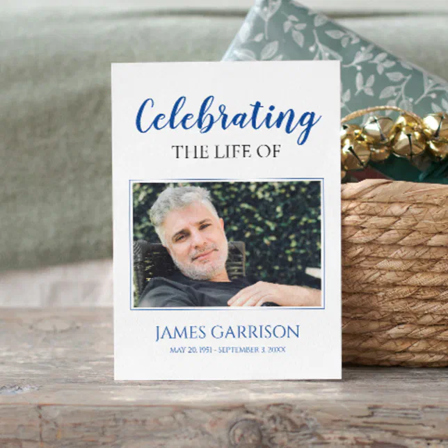 Blue White Elegant Funeral Prayer Card with Photo | Zazzle