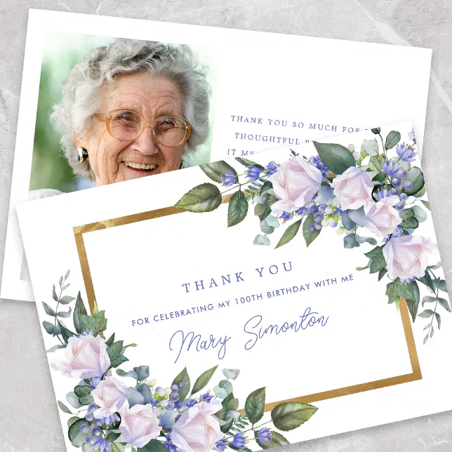 Blue White Floral 100th Birthday Photo Flat Thank You Card | Zazzle