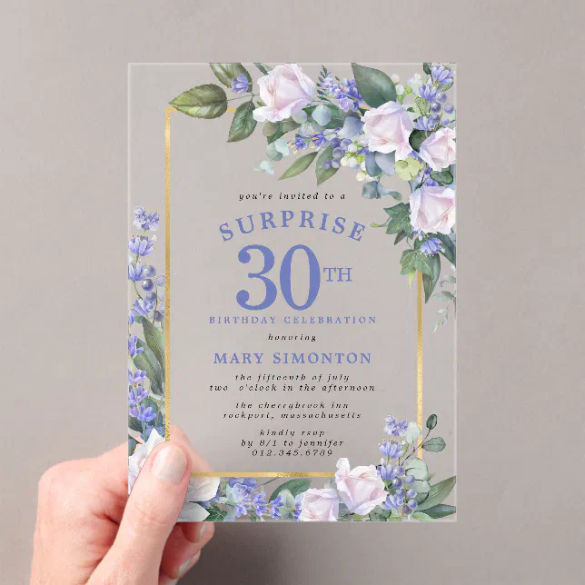 Blue White Floral 30th Birthday Surprise Party Acrylic Invitations | Zazzle