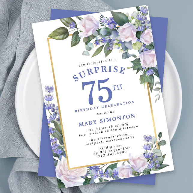 Blue White Floral 75th Birthday Surprise Party Invitation | Zazzle