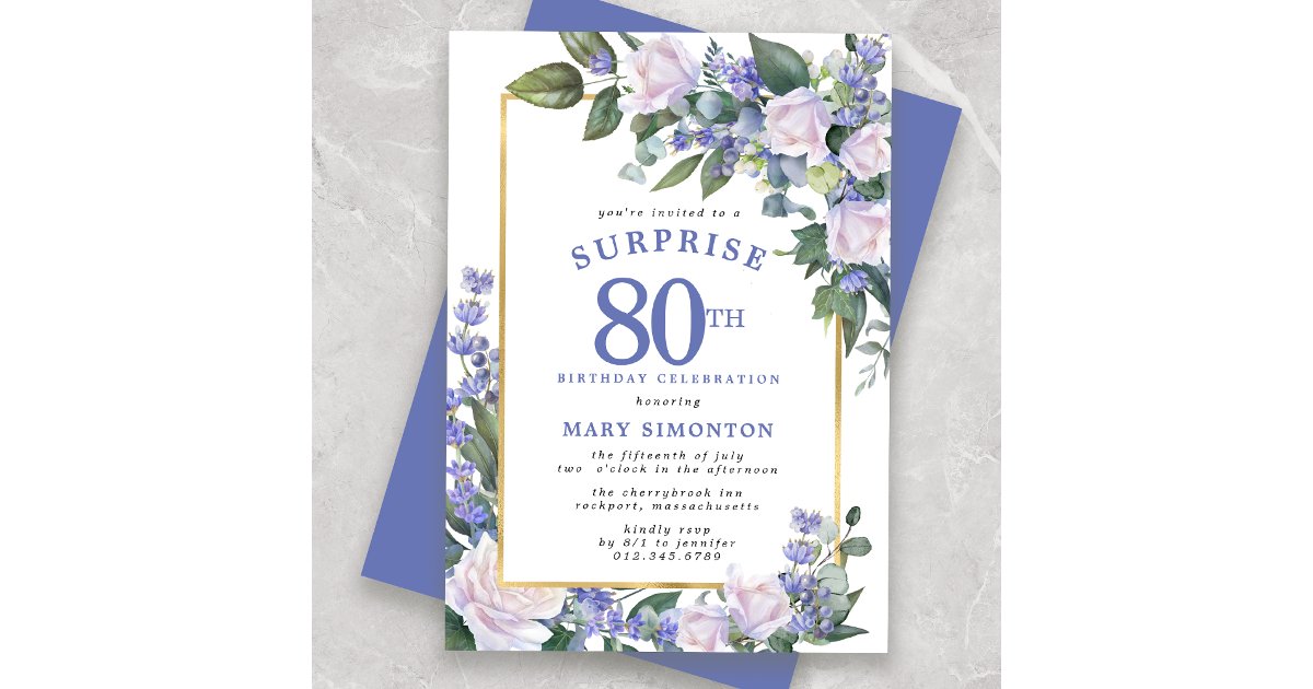 Blue White Floral 80th Birthday Surprise Party Invitation | Zazzle