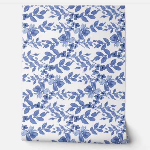 Blue White Floral Leaf Pattern Wallpaper | Zazzle