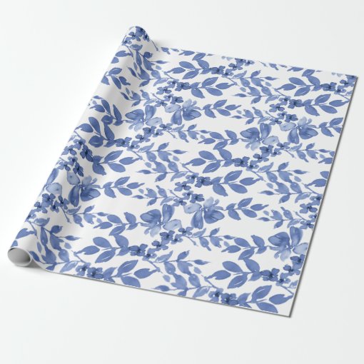 Blue White Floral Leaf Pattern Wrapping Paper | Zazzle