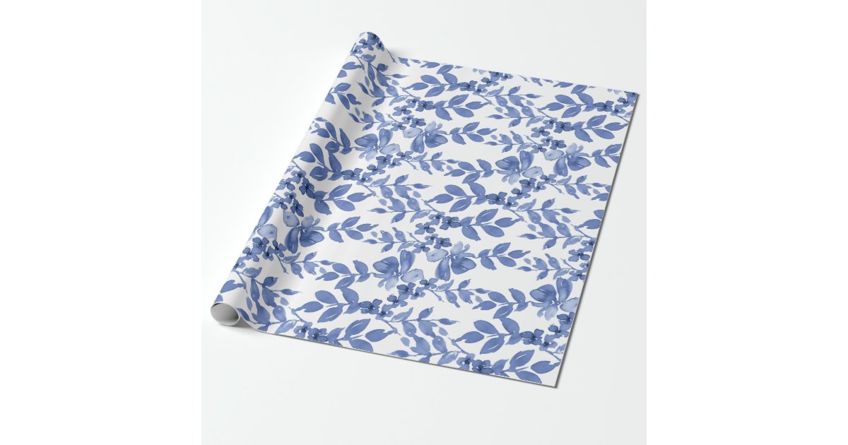 Blue White Floral Leaf Pattern Wrapping Paper | Zazzle.com