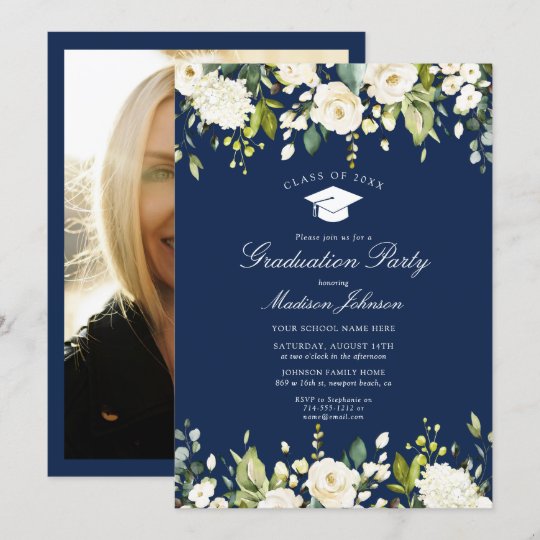 Blue White Floral Photo Graduation Party Invitation | Zazzle.com