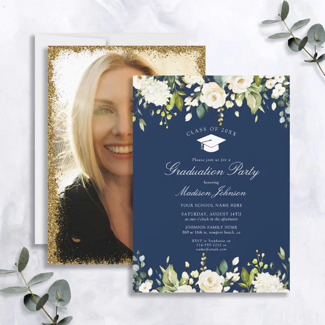 Blue White Floral Photo Graduation Party Invitation | Zazzle